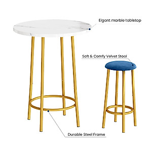 AWQM 3 Piece Bar Table Set, Round Pub Dining Set with Golden Metal Frame, Velvet Bar Stools, Ideal for Breakfast Nook, Kitchen, Small Spaces