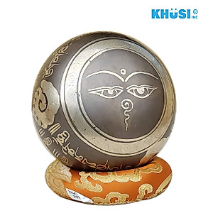 Khusi 4.5 Inch Tibetan Singing Bowl Set, Handmade, Decorative Chakra Bowl for Mindfulness, Wisdom Eye Mantra Engraved, Comes w/Silk Cushion, Leather Mallet and Carry Pouch