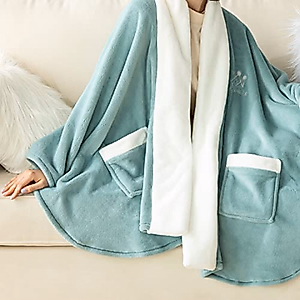 Kingole Flannel Fleece Wearable Blanket with Sleeves for Adults, Soft Plush Cozy Throw Blanket with Pockets for Men and Women, Warm Wrap Blanket for Sofa Lounge Home Office, Machine Washable, Celadon