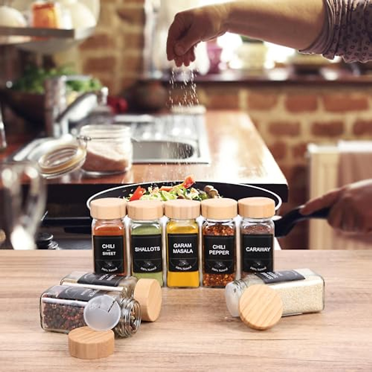 SZUAH 24pcs 4oz Spice Jars with Bamboo Lids, Spice Jars with Labels, Glass Spice Container with Shaker Lids, Funnel, Chalk Pen and Brush