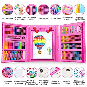 Art Supplies, 272 Pack Art Set Drawing Kit for Girls Boys Teens Artist, Deluxe Gift Art Box with Trifold Easel, Origami Paper, Coloring Book, Drawing Pad, Pastels, Crayons, Pencils, Watercolors(Pink)