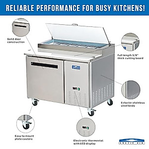 Arctic Air APP48R Single Door Refrigerated Pizza Prep Table/Station with Wheels, 47.5" Width, Stainless Steel, 115v, for Restaurant, Bar, Shop, etc.