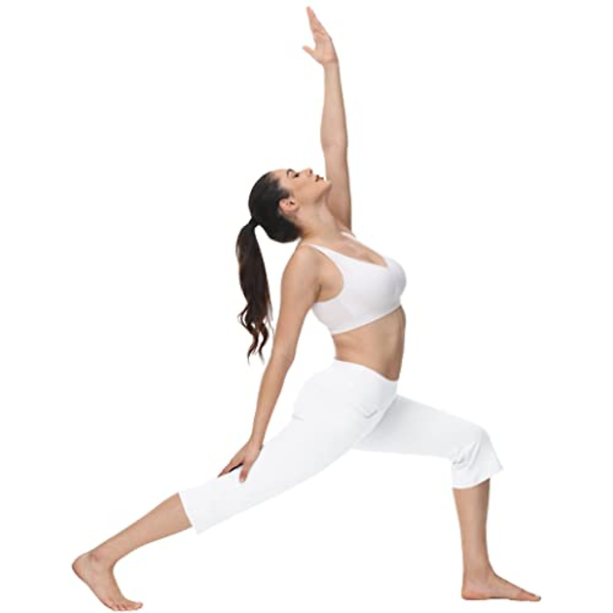 Cakulo Women's Plus Size Capris Pants Yoga Flare High Waist Bootcut Stretch Jean Casual Palazzo Cream Bottoms Knee Flared Leggings with Pockets White XL