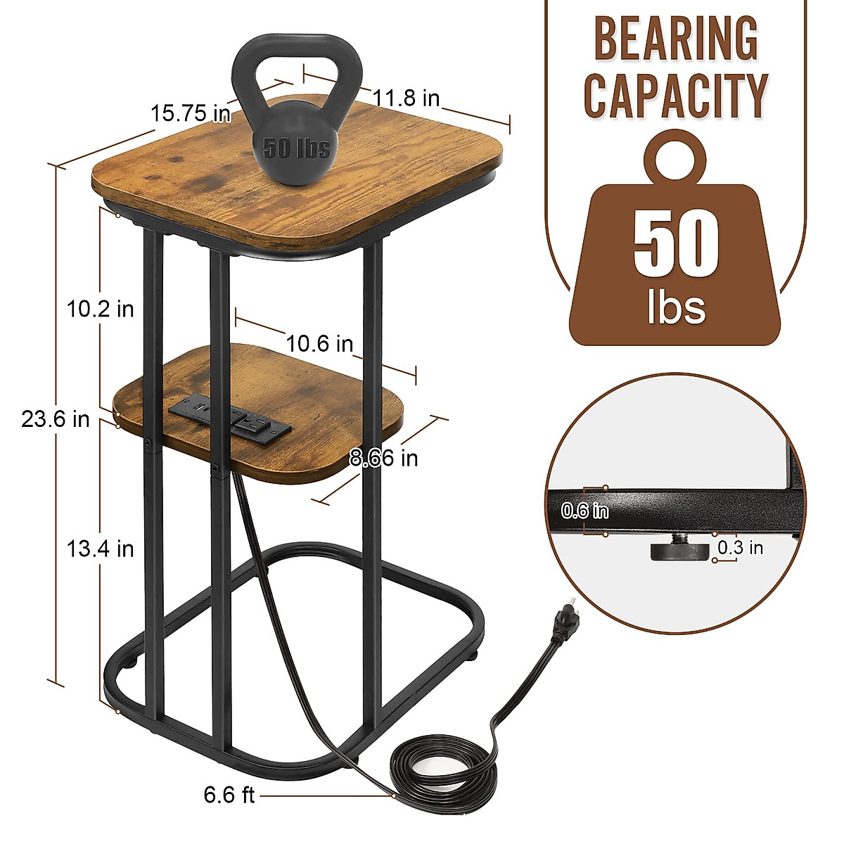 Allinside C Shaped End Table with Charging Station, 2-Tier Side Table with Storage Shelf Large Laptop TV Snack Tray Ideal for Couch, Sofa Slide Under, Bedside, Small Spaces (2 USB Ports & 2 Outlets)