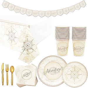 BLUE PANDA 170 Piece A New Adventure Begins Party Decorations for Baby Shower, Graduation, Serves 24 Includes Travel-Themed Plates, Napkins, Cups, Tablecloth and Banner