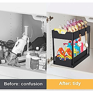 Under Sink Organizers and Storage, 2 Tier Sliding Under Cabinet Organizer with Adjustable Height, Multi-purpose Under Sink Kitchen Bathroom Organizer and Storage with Hook, Hanging Cup, Dividers