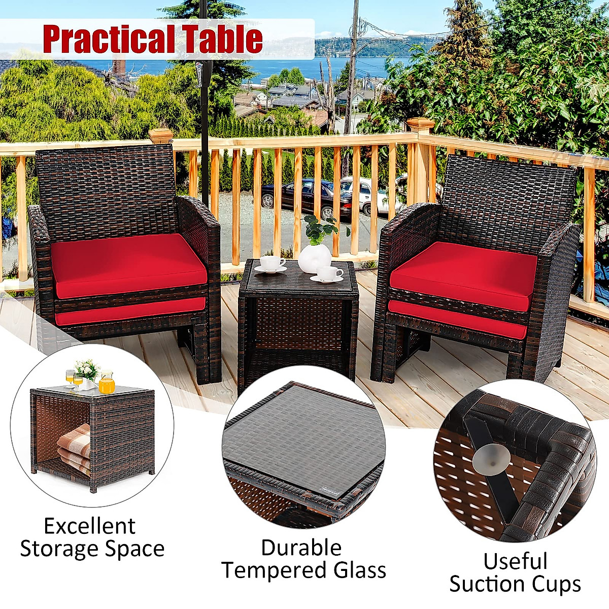 Tangkula 5 Pieces Patio Rattan Furniture Set, Outdoor Conversation Set with Cushioned Chair & Ottoman & Tempered Glass Coffee Table, All Weather Patio Sofa Sets for Garden, Backyard, Poolside (Red)