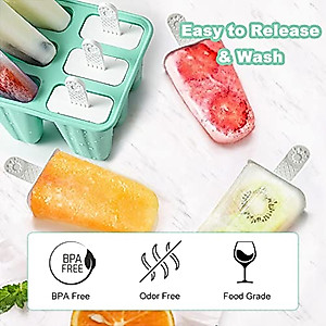 Popsicle Molds, Ouddy 6 Pieces Silicone Popsicle Molds DIY Reusable Ice Pop Molds - Easy Release Popsicle Maker with Silicone Funnel & Cleaning Brush(Green)