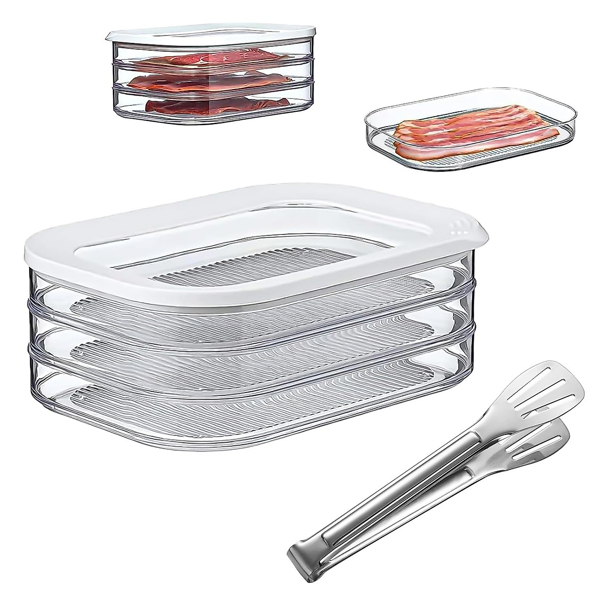 RAUWIZX 3 PCS Bacon Refrigerator Crisper with Lid, Deli Meat Cold Cut Food Storage Organizer, Plastic Bacon Crisper, Stackable Refrigerator Transparent Organizer, (FREE MEAT CUTTERS)
