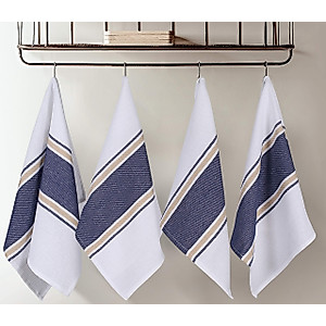 Bedding Craft- Set of 6 Blue/Beige Waffle Stripe Kitchen Towel – Absorbent Cotton Dishcloths for Drying Dishes, Farmhouse Kitchen Decor, Bar Towels, and More