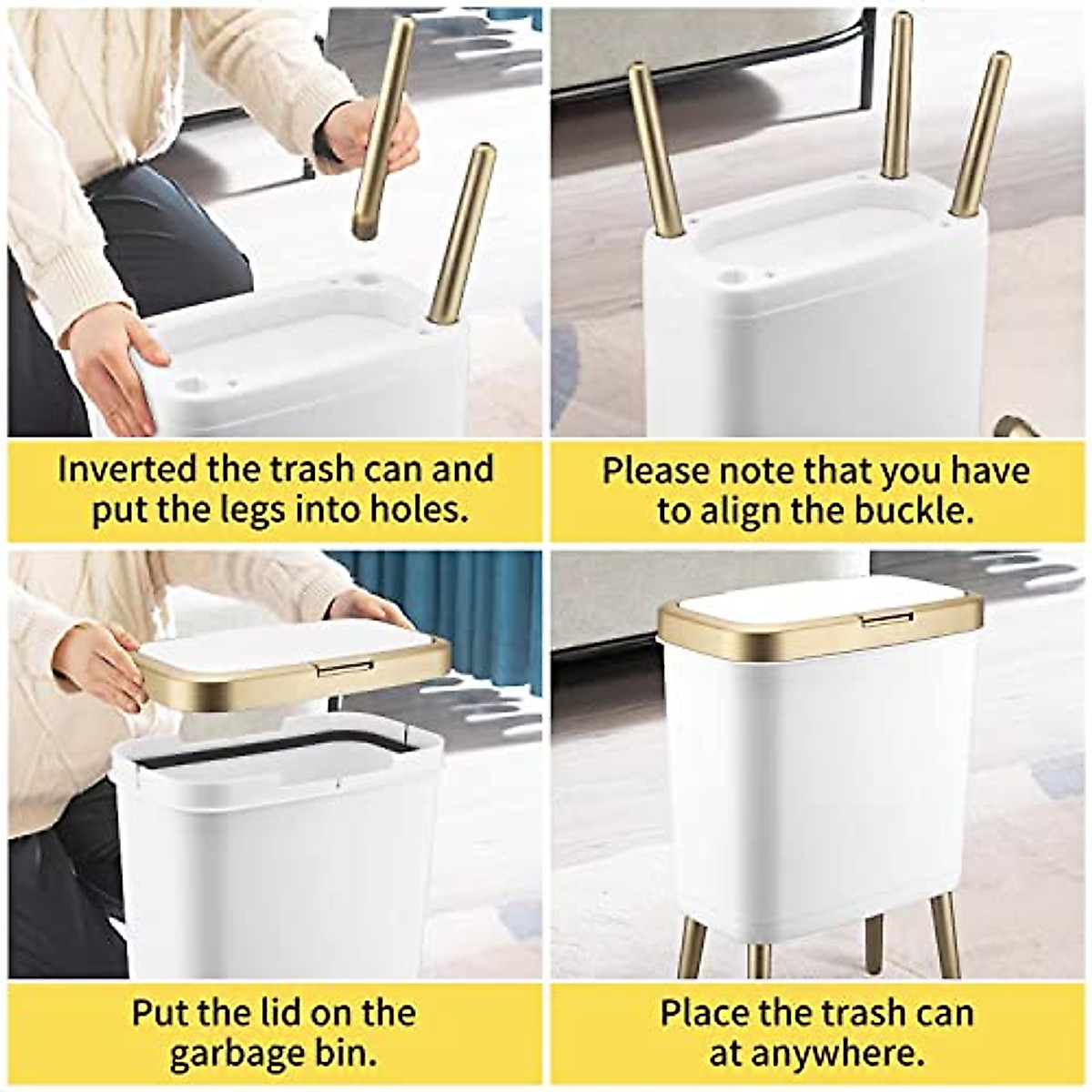 Trash Can with Lid, Plastic Garbage Can with Push Button, Narrow Modern Waste Basket for Kitchen, Slim Bedroom Garbage Bin, 15L Bathroom Trash Can for Home, Living Room, Toilet, Office (White)
