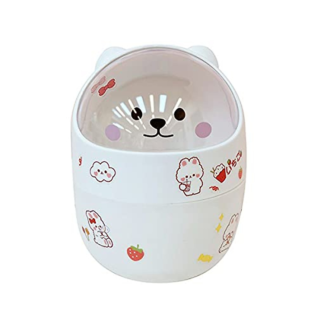 Storage Bucket Desktop with Lid Trash Can Mini Kawaii Cute Bear Trash Bin Storage Box Girl Pen Holder Storage Bucket with Top - White