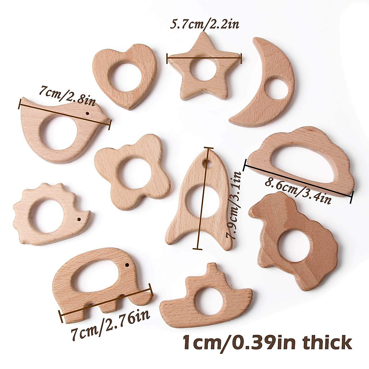 Wood Teethers for Babies DIY Necklace and Bangles Soothes Gum Pain Molar Teething Wood, Bird Elephant Sheep Moon Rocket Butterfly Star Heart Hedgehog Ship Cloud