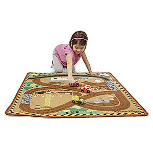 Melissa & Doug Round the Construction Zone Work Site Rug With 3 Wooden Trucks ,39 x 36 inches, Brown