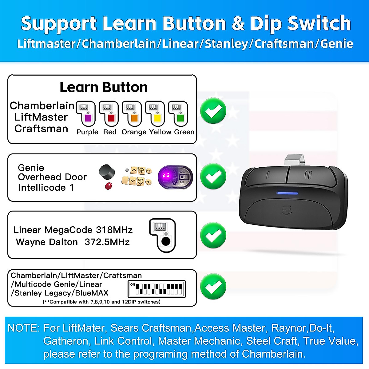 Universal Garage Door Opener Remote Compatible with LiftMaster Chamberlain Genie Craftsman Linear Wayne Dalton Overhead Door and More has Learn Button or Dip Switch