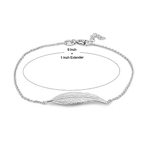 Vanbelle Sterling Silver Jewelry - Rhodium Plated with 925 Stamp - Feather Charm Anklet - Elegant handcrafted Chain Anklet for Women - 9" long + 1" extender
