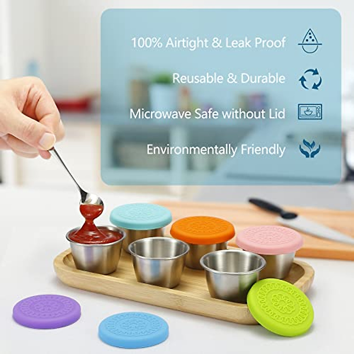 VERFOU Salad Dressing Condiment Container with Lid, 4 Pack 2.7oz Reusable Dip Cup, 304 Stainless Steel Small Food Storage Container with Silicone Lid, Leakproof Sauce Cup Easy Open for Lunch Box