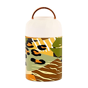 CUPADA Tropical Leaves Food Jar for Hot and Cold, Leopard Skin Insulated Food Jars Vacuum 17OZ with Folding Spoon for Work Trip Picnic Camping
