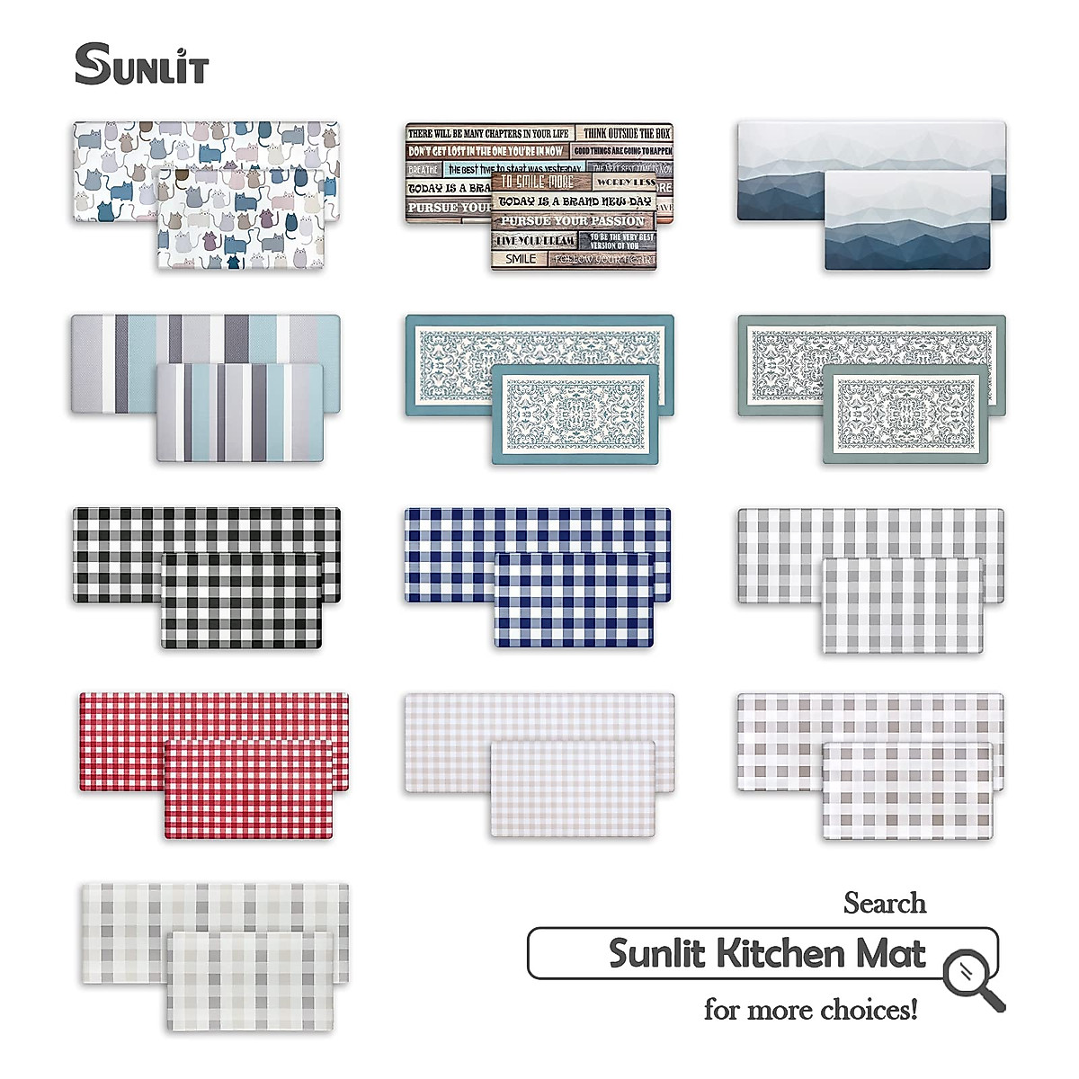 Sunlit Set of 2 Anti Fatigue Kitchen Floor Mat, Non Slip Waterproof Comfort Standing Mat, 0.4 Inch Thick Cushioned Farmhouse Kitchen Rug Runner, White Black Buffalo Check (17"x28"&17"x47")