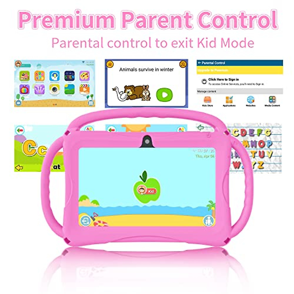JUNINKE 2023 New 7 Inch Tablet for Kids - Android 11.0, 2+32GB, Anti-Drop Design, Parental Controls & Silicone Kids Tablet Case with Three Grips (Pink)