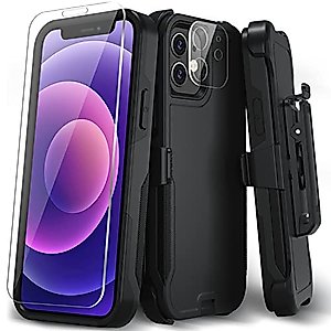 Xmon Case for iPhone 12 and 12 Pro, Heavy Duty Rugged Case Belt Clip Holster Kickstand Protective Cover [Shockproof] Compatible with Apple iPhone 12 and iPhone 12 Pro (Black)