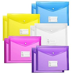 10 Pack Plastic Envelopes with Snap Closure Fabnuts Clear Document Plastic File Folders Letter Size , Poly Envelopes with Label Pocket for Homework/Office , Assorted Colors