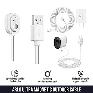 6ft/1.8m Weatherproof Outdoor Charging Cable with Quick Charge Adapter Compatible with Arlo Ultra/Ultra 2/Pro 3/Pro 4 (White) (NOT Compatible with Arlo Essential Spotlight)