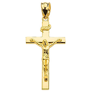 14K Yellow Gold 1-1/4” INRI Crucifix Cross Pendant Charm