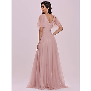 Ever-Pretty Women's Illusion V Neck Short Flare Sleeve Tulle Bridesmaid Dress Pink US4