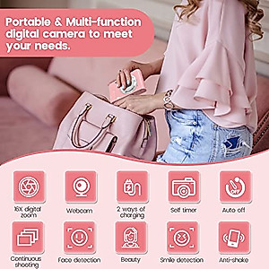 Digital Camera, HUMIDIER FHD 1080P 36MP 16X Digital Zoom Mini Vlogging Video Camera with Battery Charger, Compact Portable Cameras Point and Shoot Camera for Kids,Teens,Beginners (Pink)