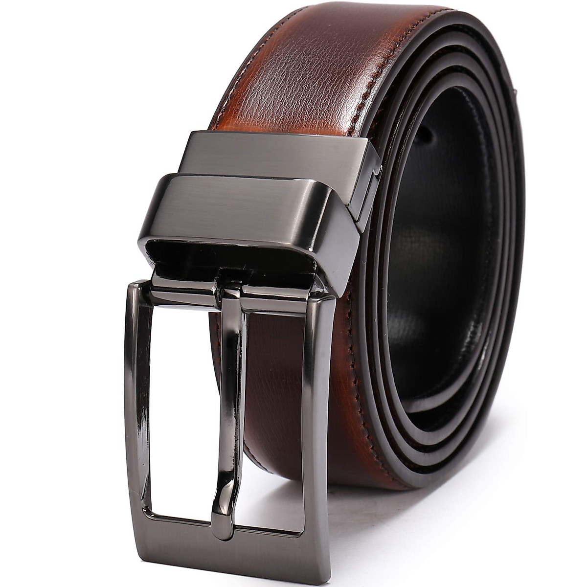 beltox fine Men's Dress Belt Leather Reversible 1.25" Wide Rotated Buckle Gift Box（Black Buckle with Cognac/Black Belt,34-36）