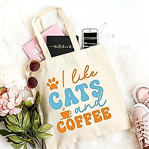 TSIIUO Women's I Like Cats and Coffee Canvas Tote Bag Cute Graphic Pet Lover Gift Funny Caffeine Reusable Shopping Bag White