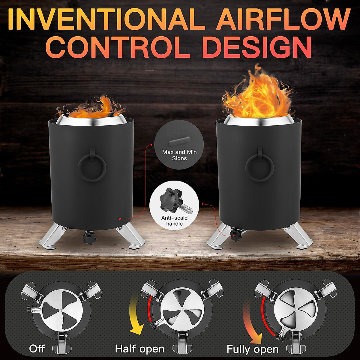 ZITYBEST Tabletop Fire Pit with Flame Control & Stand, 6.3x9.5" Low Smoke Mini Firepit for Outdoor Patio with Travel Bag & Skewer, Small Smokeless Portable Fire Bowl for Camping Yard Road Trip