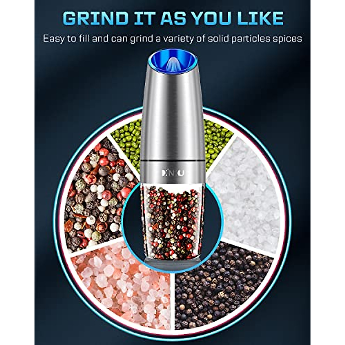 Gravity Electric Salt and Pepper Grinder Set, Automatic Pepper and Salt Mill Grinder,Battery-Operated with Adjustable Coarseness, Premium Stainless Steel with LED Light, One Hand Operated