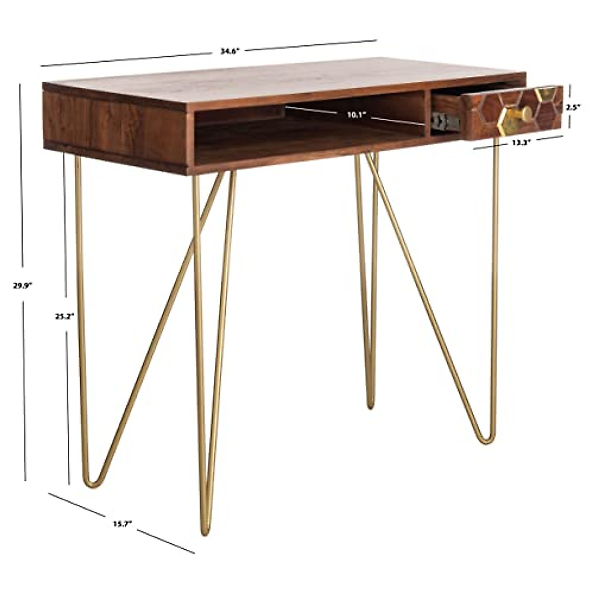 Safavieh Home Office Raveena Modern Natural Acacia and Brass 1-drawer Hairpin Leg Desk