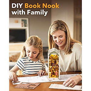Rowood Book Nook Kits for Adults Bookshelf Insert Decor Alley 3D Wooden Puzzle Bookend DIY Craft Kits for Adults with LED Light - Sunshine Town