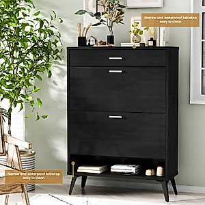 AWQM Shoe Cabinet, Modern Shoe Storage Cabinet with Hidden 2 Flip Drawers and Slide Drawer, Freestanding Slim Shoe Organizer Racks for Entryway, Hallway - Black