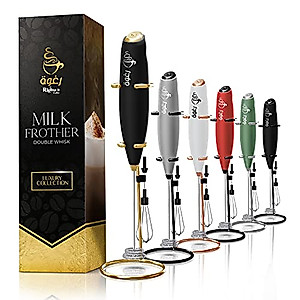 Righwa Milk Frother & Egg Beater - 2-in-1 Handheld Frother for Coffee & Egg Whisker - Battery-Operated Frother with Stand - Auto Shutoff, Powerful Motor - Kitchen Tools & Coffee Station Accessories