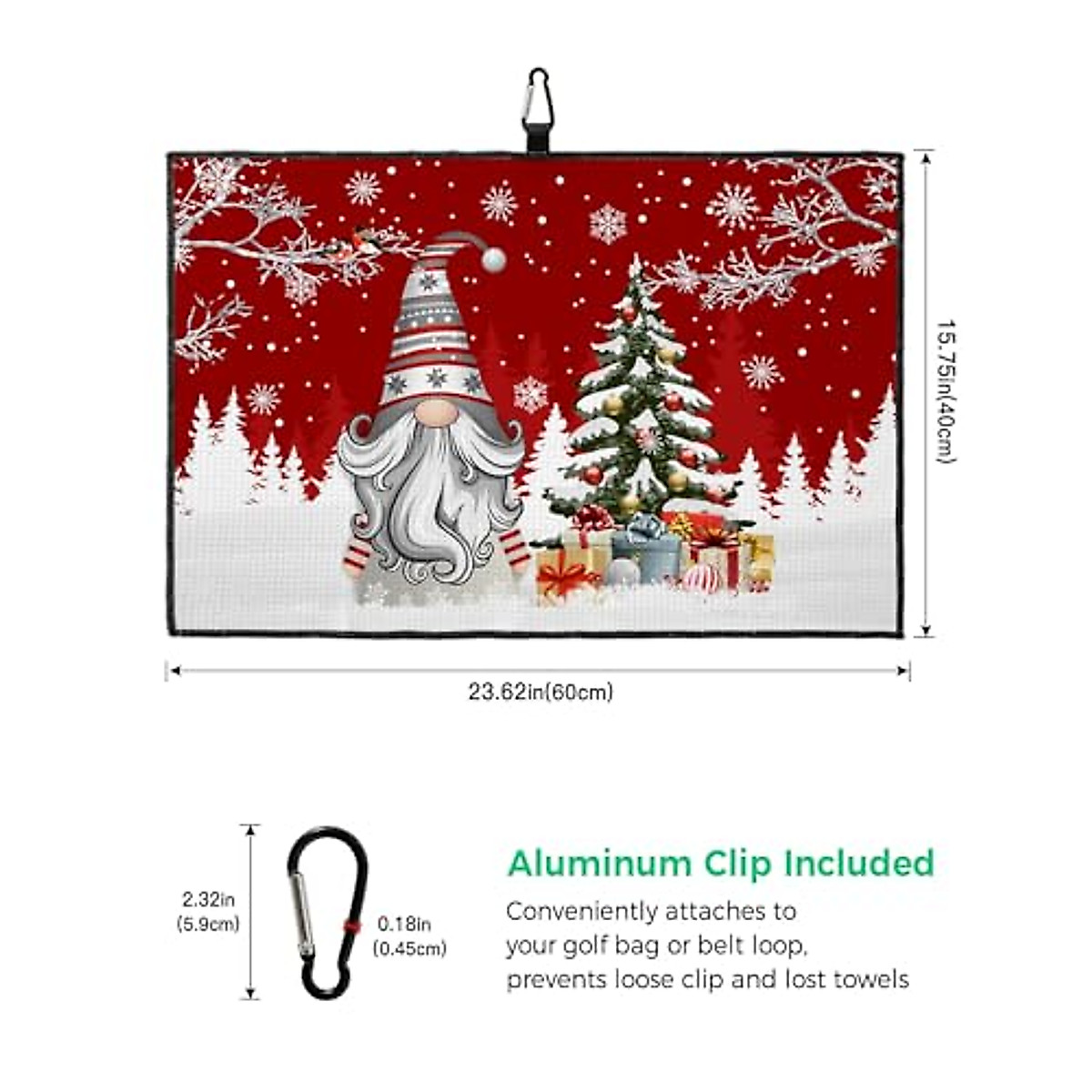 Golf Towel Christmas Gnome Xmas Dwarf Red,Waffle Pattern Microfiber Club Cleaner Golf Towels with Carabiner Clip for Women Men Dad,Winter Gift Bird Branch Golf Towel for Golf Bags Accessories,24x16in
