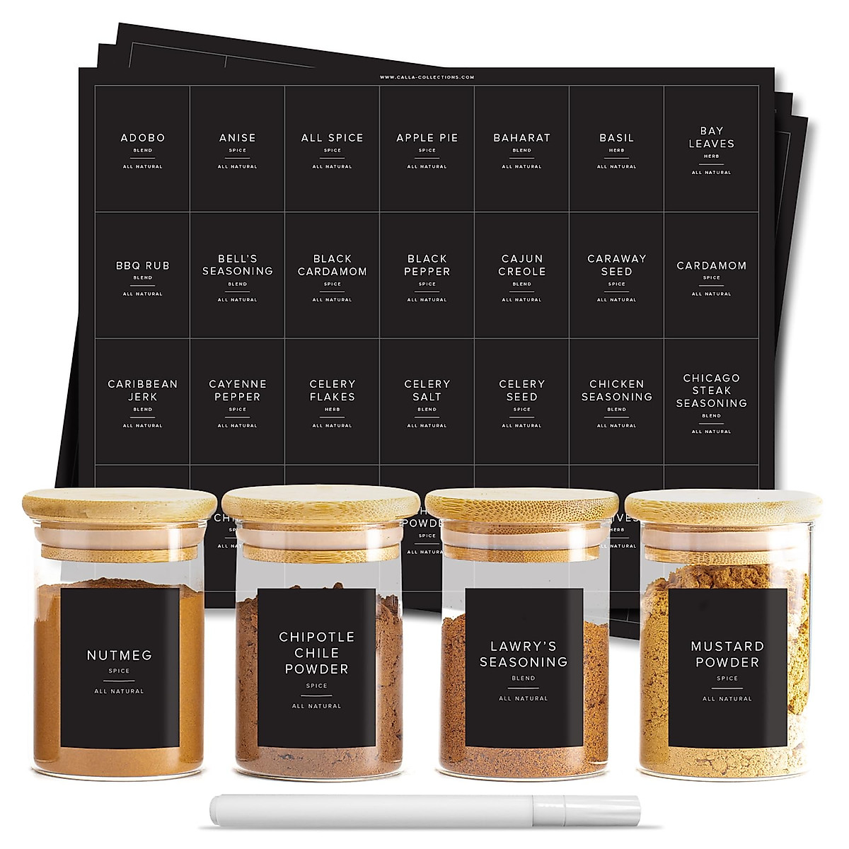 230 Black Spice Labels by ThreeKin | Waterproof & Oil-Resistant Pre-Printed Stickers for Spice Jars | Durable, BPA-Free Seasoning Labels | Easy-Clean, No-Residue Design | Proudly Female & USA Owned