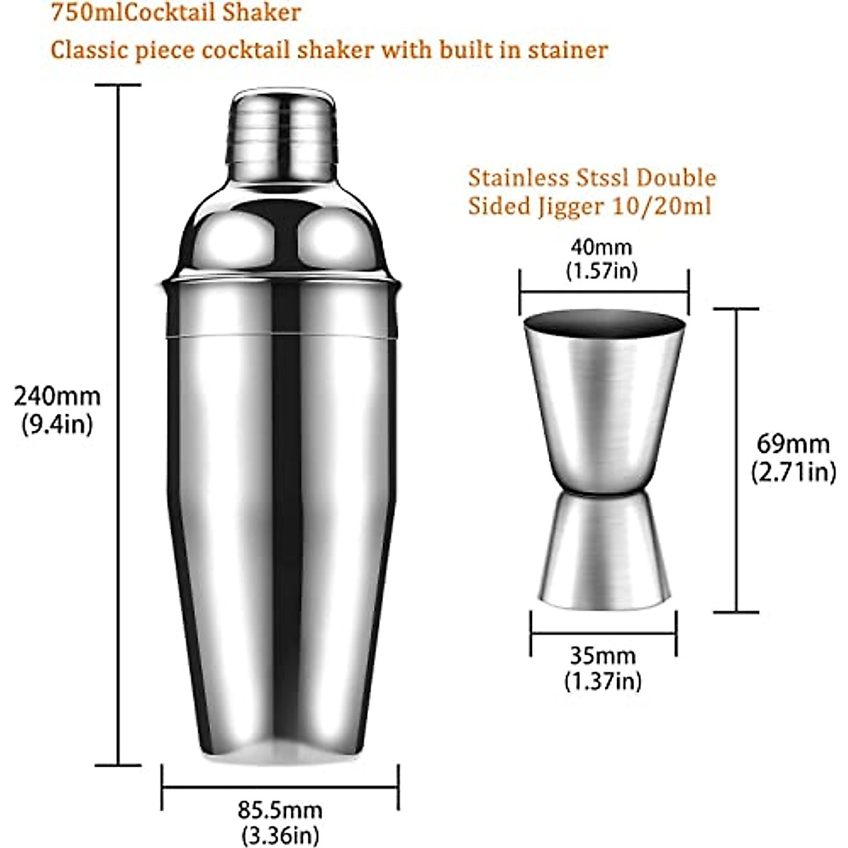 Cocktail Shaker Set Bartender Kit, NICEAO 10-Piece Bar Kit, 25oz Martini Shaker, Mixing Spoon, Double Jigger, Liquor Pourers, Muddler, Strainer and Ice Tongs, Professional Bar Set Tools