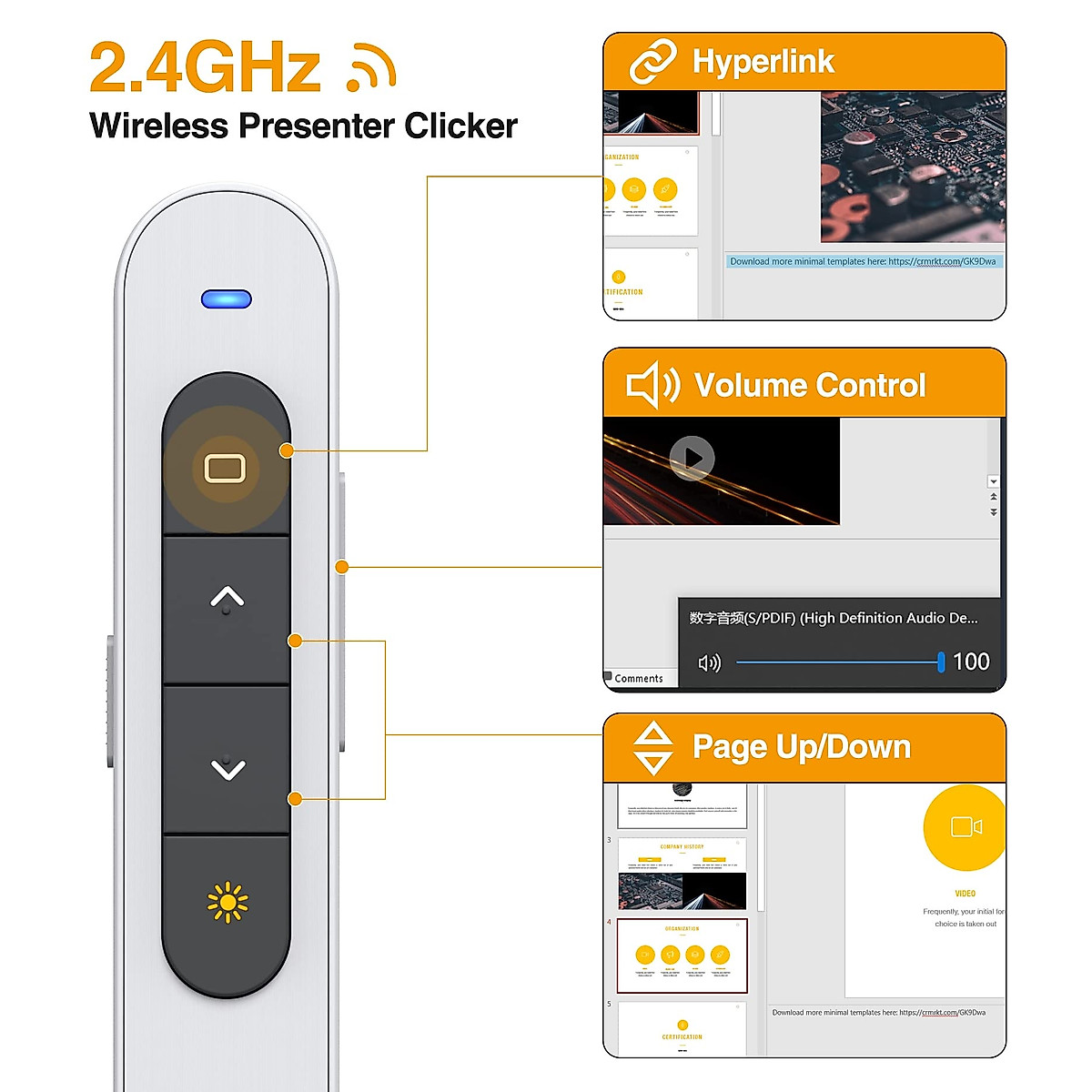Wireless Presenter Remote, RF 2.4GHz USB Presentation Remote Control PowerPoint Presentation Clicker for Keynote/PPT/Mac/PC … (White)