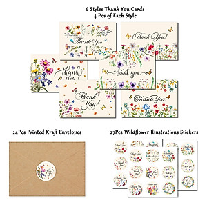 Savgkoyt 75 Pack Wildflower Thank You Cards with Envelopes and Stickers Thank You Notes with Envelopes Set Bulk Vintage Flower Greeting Cards with Kraft Envelope Sticker for Wedding Bridal Showers Baby Showers