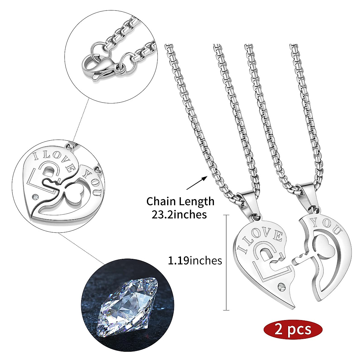 Buleens Heart Pendant Necklaces for Women Mens Girls Bff Couple Friendship Matching Yin Yang Sun Moon Magnet Necklace Lock Key Anchor Chain Set Stainless Steel Cubic Zirconia (Lock Heart Couple Necklaces -005)