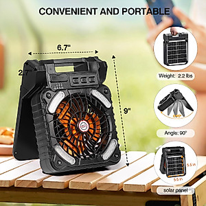 Car Solar Fan with Light Rechargeable, Portable Camping Fan 10000mAh Battery Operated with 4 Speeds and 3 Brightness Level, Camping Essentials Fan with Timer for Travel Tent Picnic Barbecue Fishing