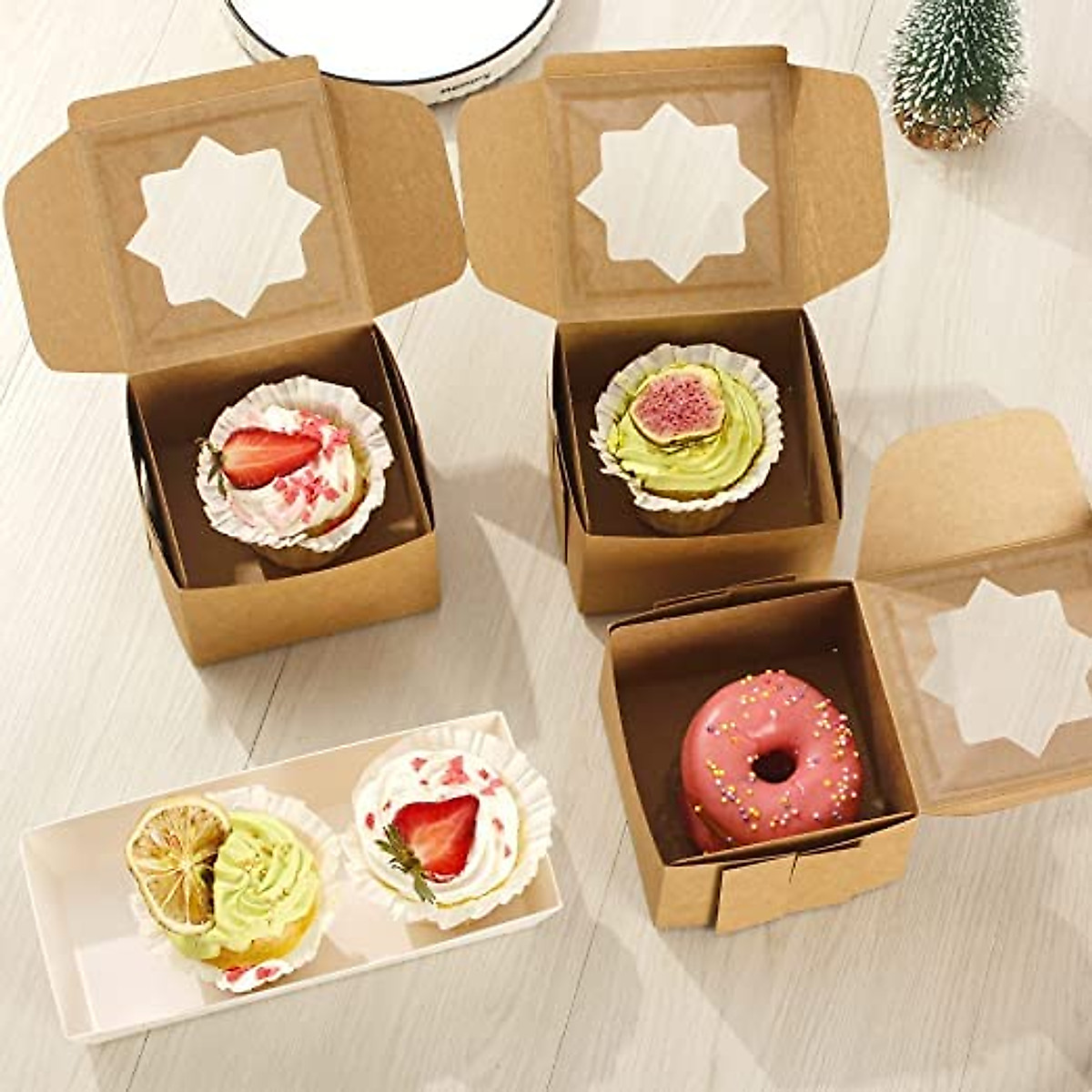 Farielyn-X 81 Packs Brown Bakery Boxes with Window Portable Single Individual Cupcake Boxes 4x4x2.5 Inches Kraft Paper Gift Boxes Holders for Pastries, Small Cakes, Cookies, Cupcakes