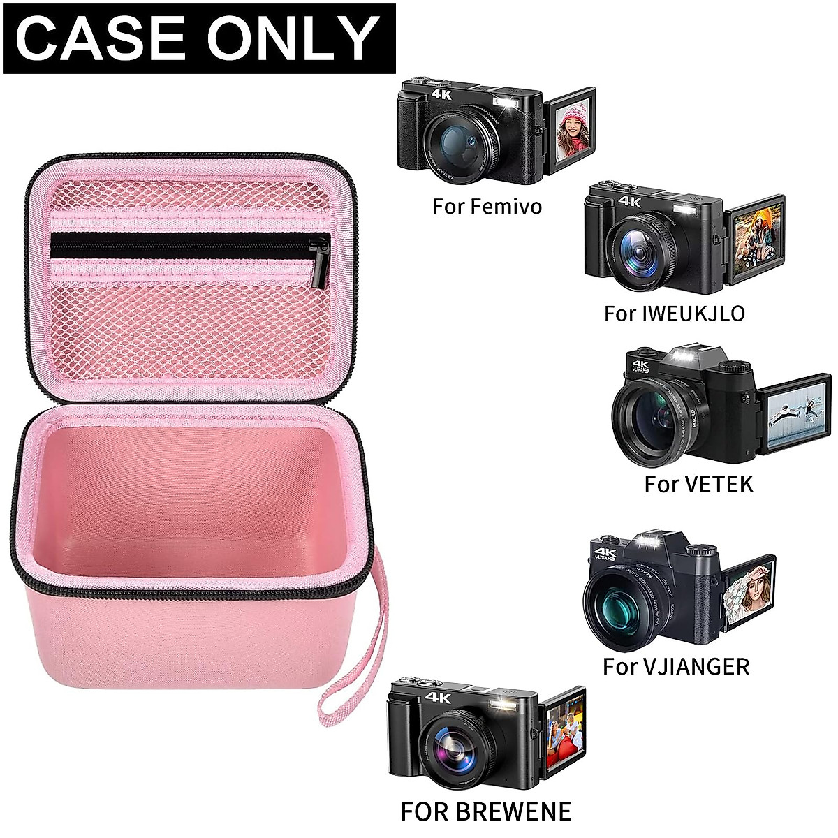 Vlogging Camera Case Compatible with brewene/for Femivo/for KVUTCIEIN/for Duluvulu 4K 48MP Digital Cameras for Youtube. Vlog Camera Carrying Storage for Lens, Cable and Other Accessories (Pink)