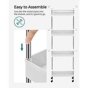 SONGMICS 4-Tier Slide Out Storage Cart, Slim Rolling Cart on Wheels, Slim Storage Cart, Space-Saving Bathroom Storage, Kitchen, Narrow Shelf, 15.7 x 5.3 x 33.9 Inches, White UKSC08WT