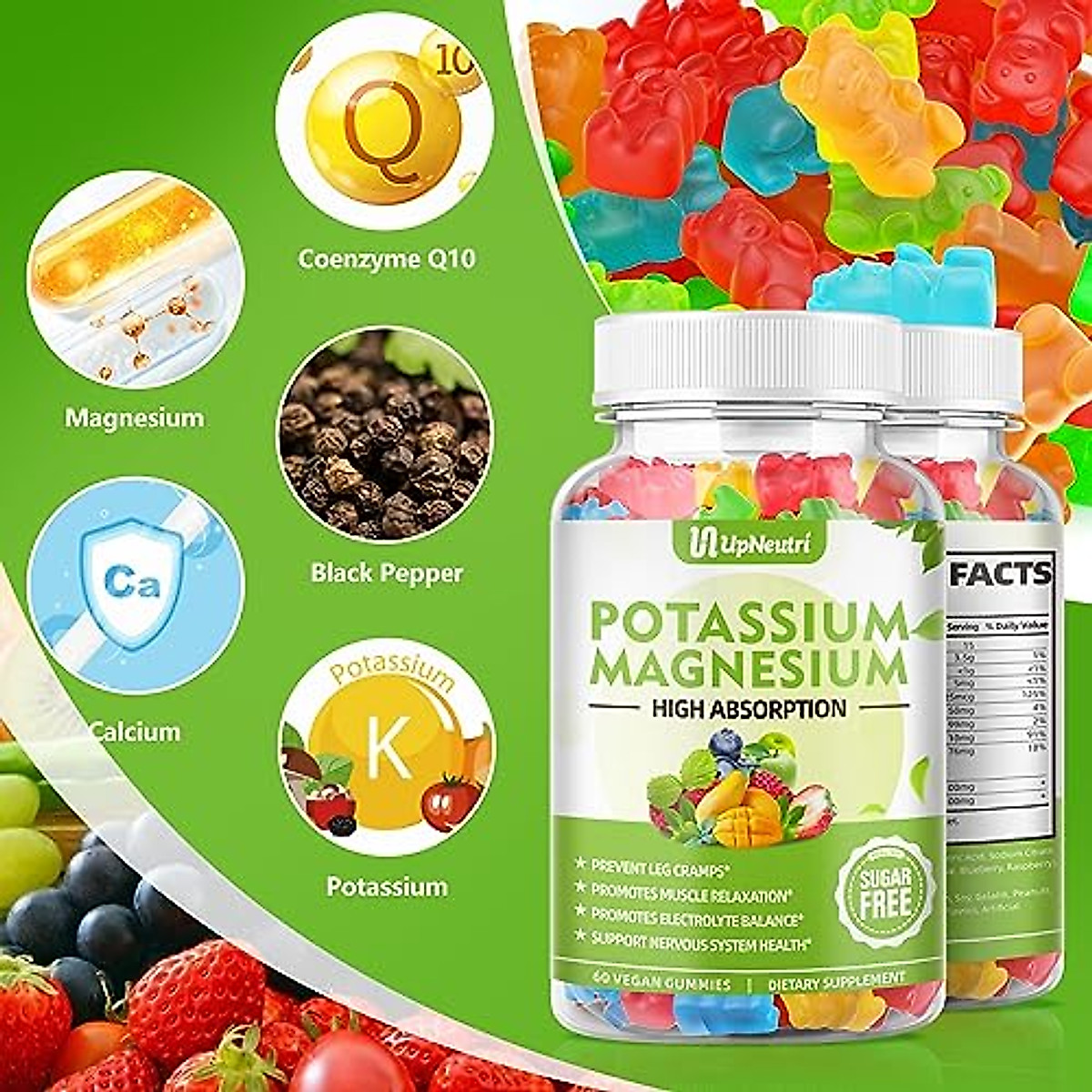 Potassium Magnesium Supplement Gummies for Adults Kids, Sugar-Free Potassium Gummies Supports Leg Cramps & Muscle & Immune Health, High Absorption Vegan Magnesium Gummies 5 Fruit Flavor 60 Cts
