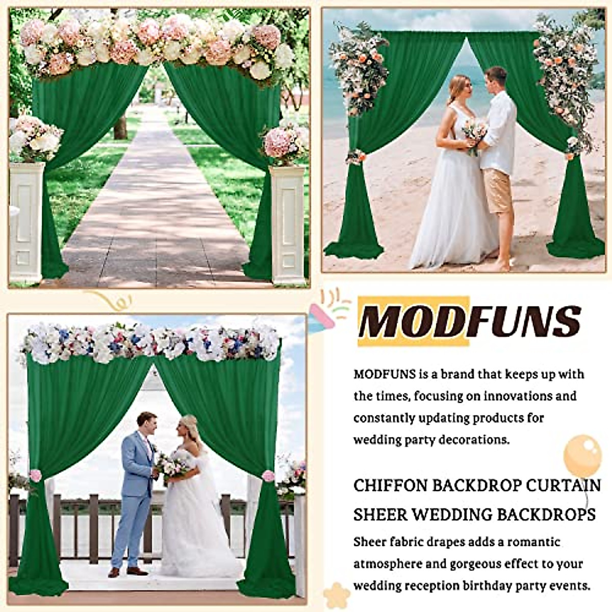 MODFUNS Emerald Green Curtains Backdrop 10x10FT 2 Panels Chiffon Fabric Curtain for Bridal Sheer Backdrop Curtains for Reception Prom Sheer Wedding Curtain Backdrop for Party Receprtion Window Drapes